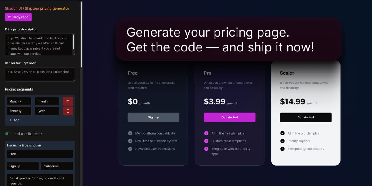 Pricing Page Generator React Vue Shadcn Ui And Tailwind Css Beautiful And Performant Nextjs